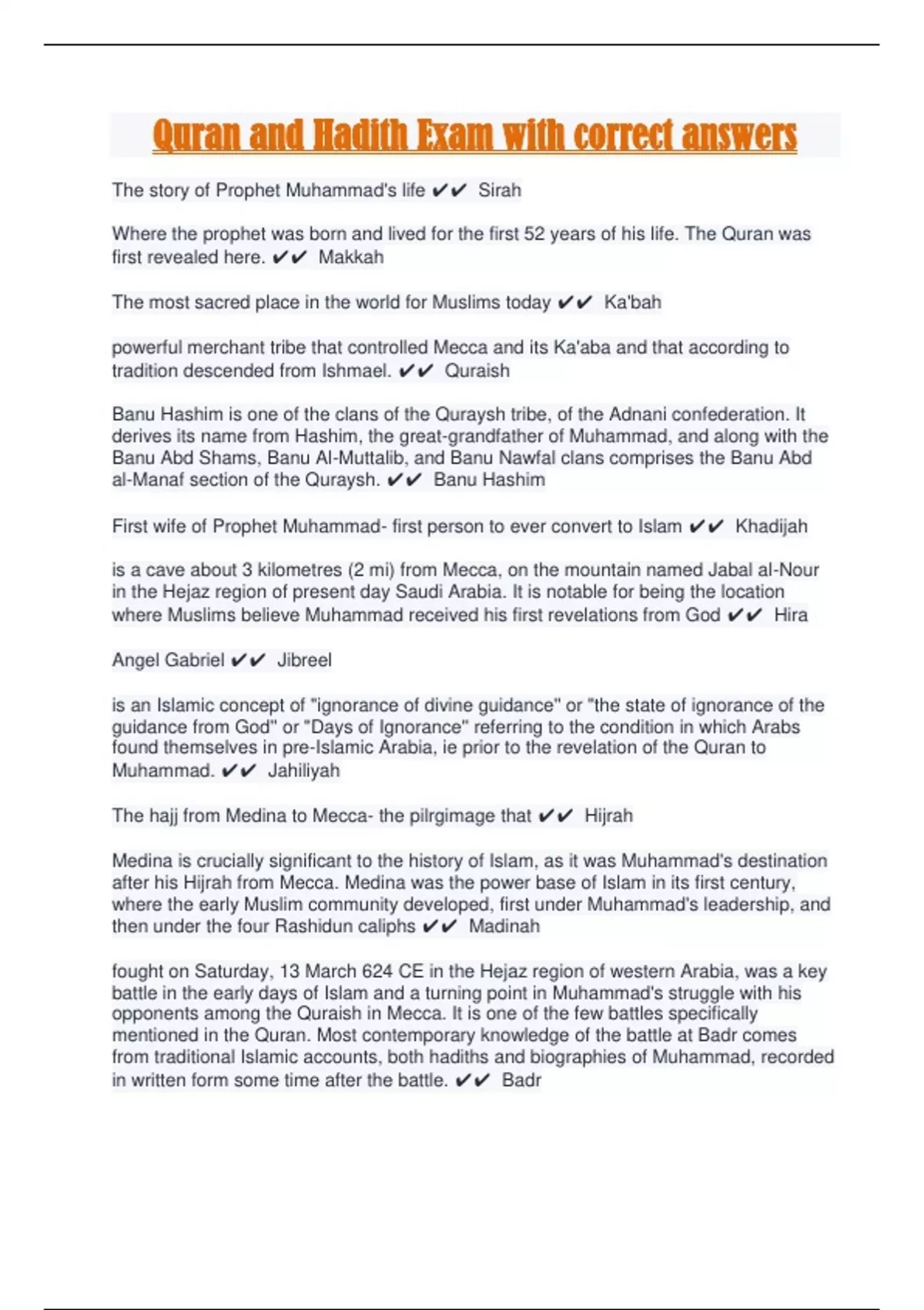 Quran and Hadith Exam with correct answers - Quran and Hadith - Stuvia US