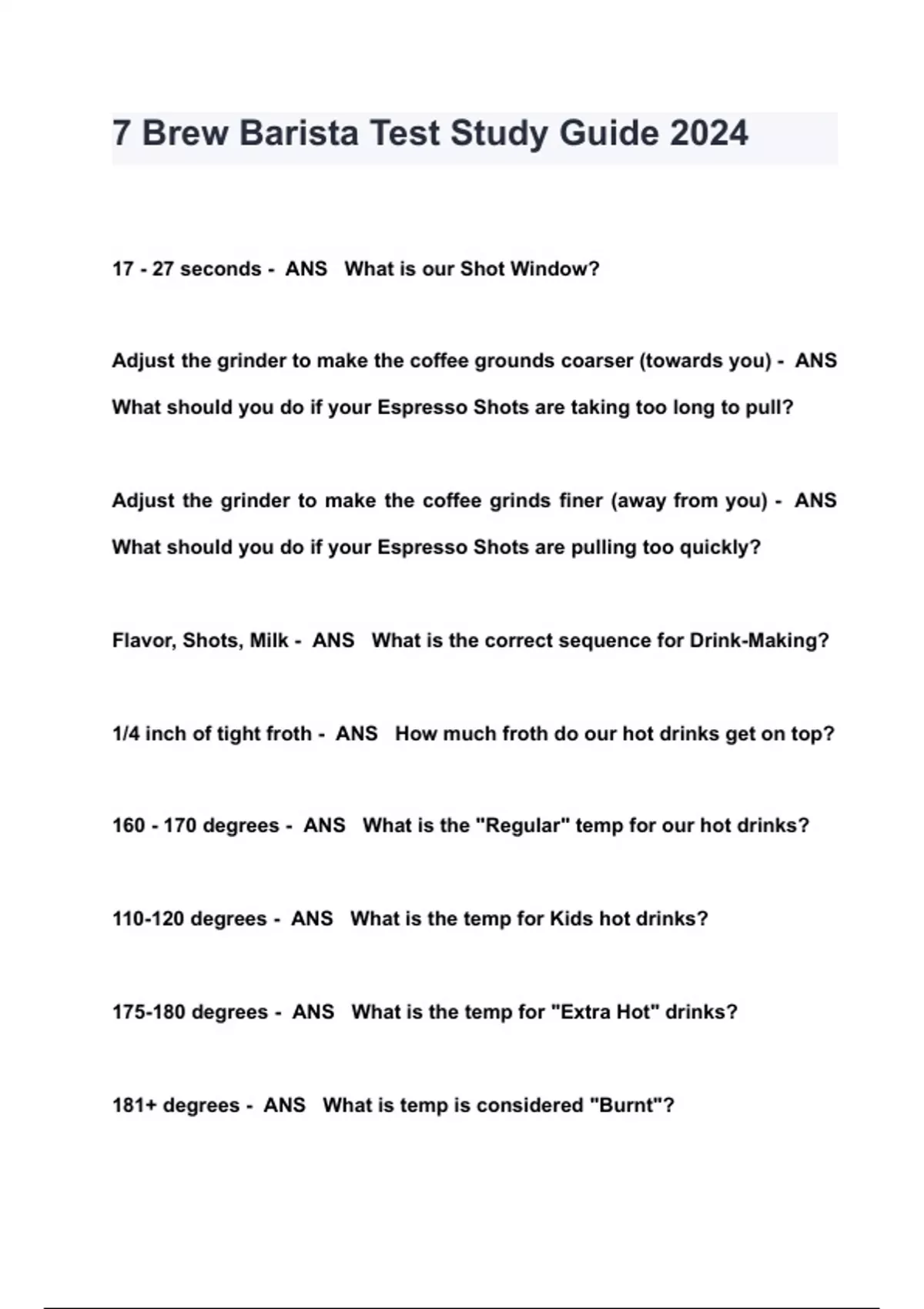 7 Brew Barista Test Study Guide 2024 QUESTIONS & ANSWERS 2024 ( A+ ...