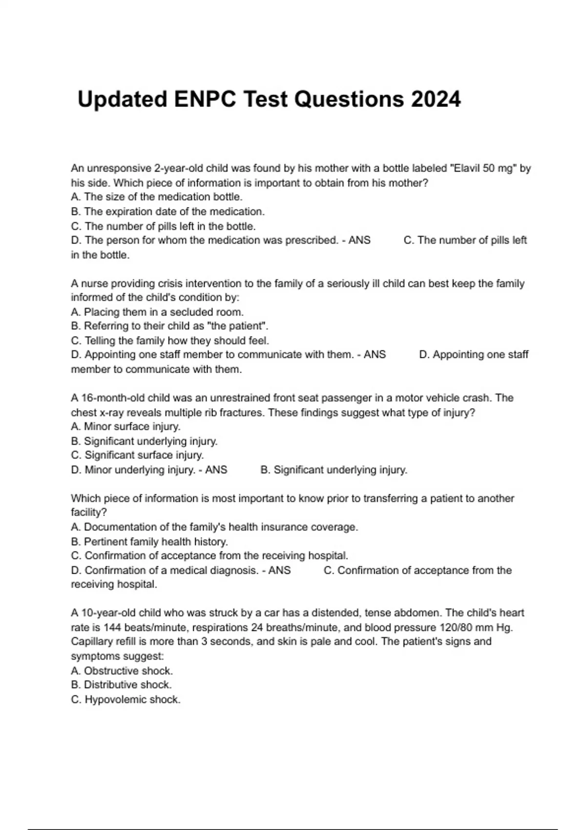 Updated ENPC Test Questions 2024 Questions Graded A+!!! With Complete ...