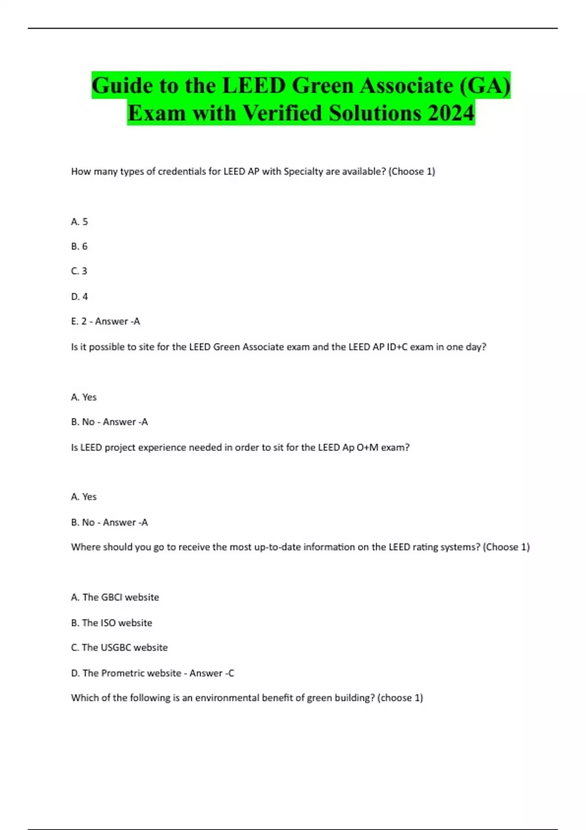Guide to the LEED Green Associate (GA) Exam with Verified Solutions ...