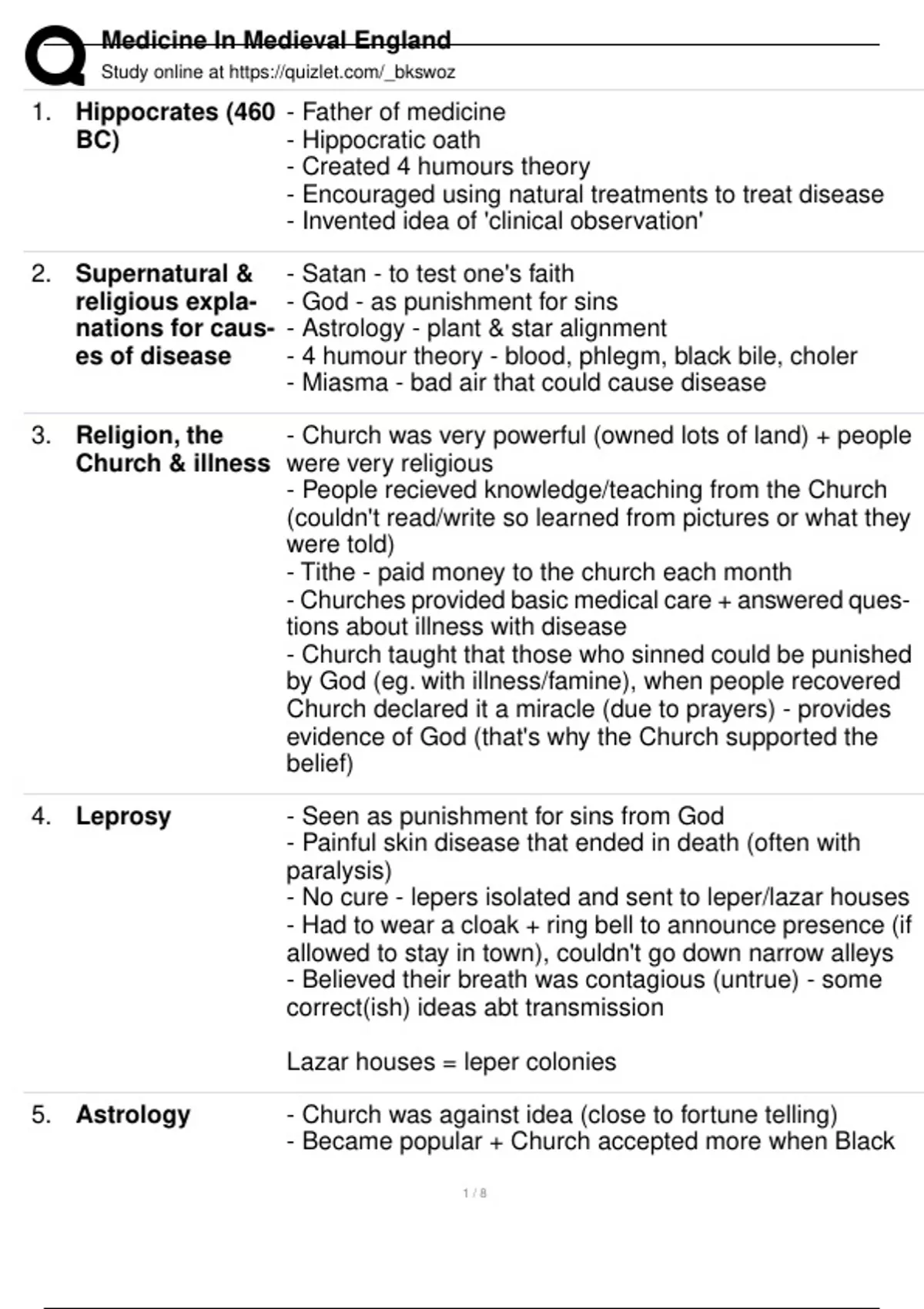 Summary Notes on Medieval Edexcel GCSE History Medicine Through Time ...