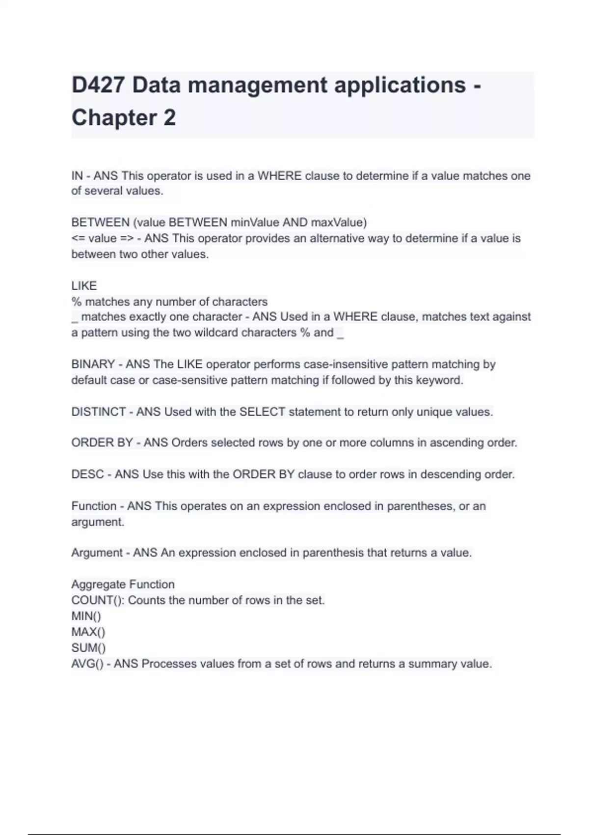 D427 Data management applications - Chapter 2 Exam 2024/2025 Questions With Completed Solutions ...