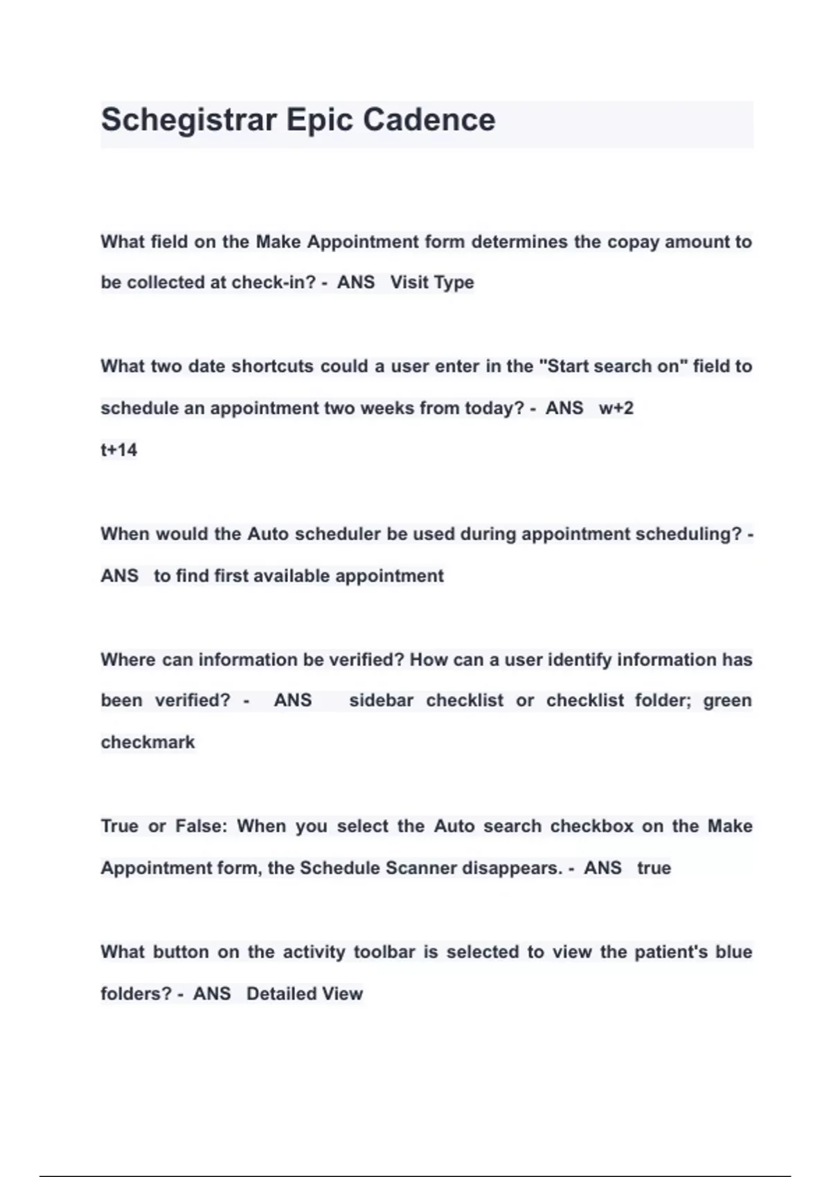 Schegistrar Epic Cadence QUESTIONS & ANSWERS 2024 ( A+ GRADED 100% ...