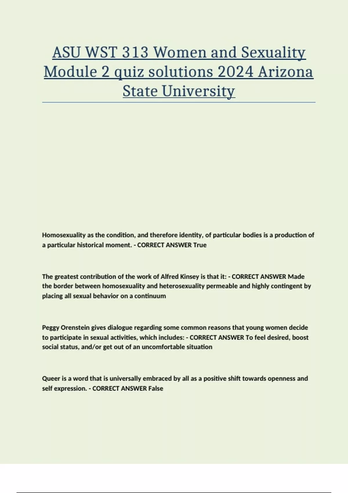 ASU WST 313 Women and Sexuality Module 2 quiz solutions 2024 Arizona State University - WST 313 ...