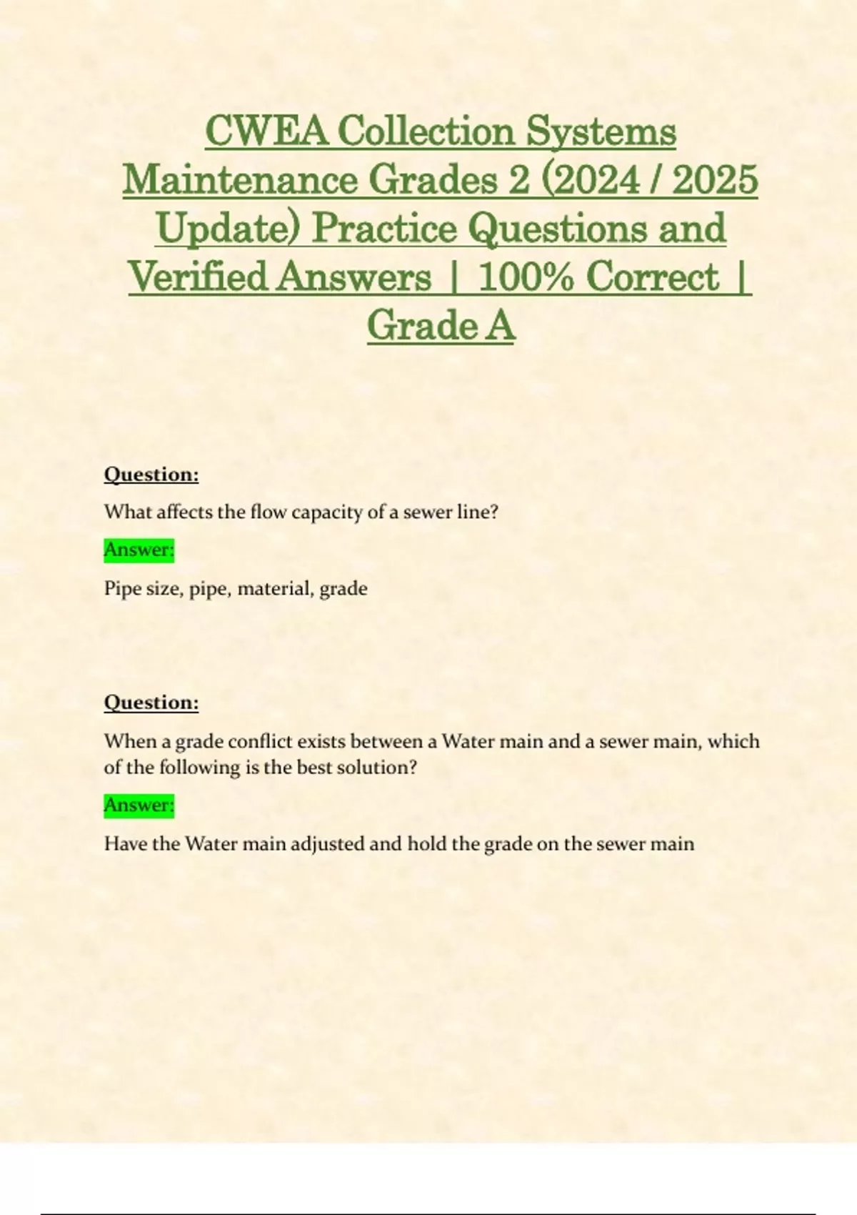 Cwea Collection Systems Maintenance Grades 2 2024 2025 Update Practice Questions And