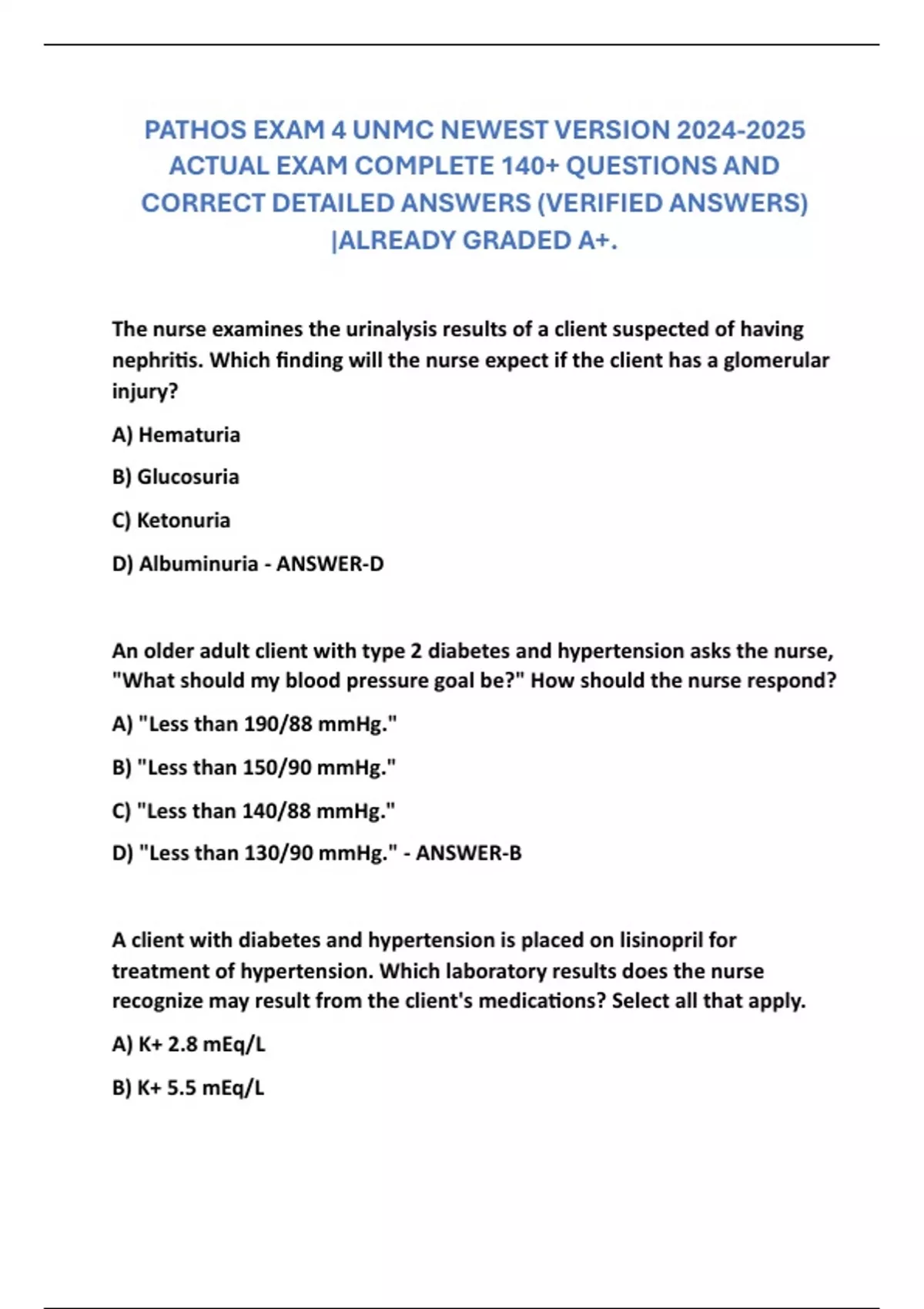PATHOS EXAM 4 UNMC NEWEST VERSION ACTUAL EXAM COMPLETE 140+ QUESTIONS ...
