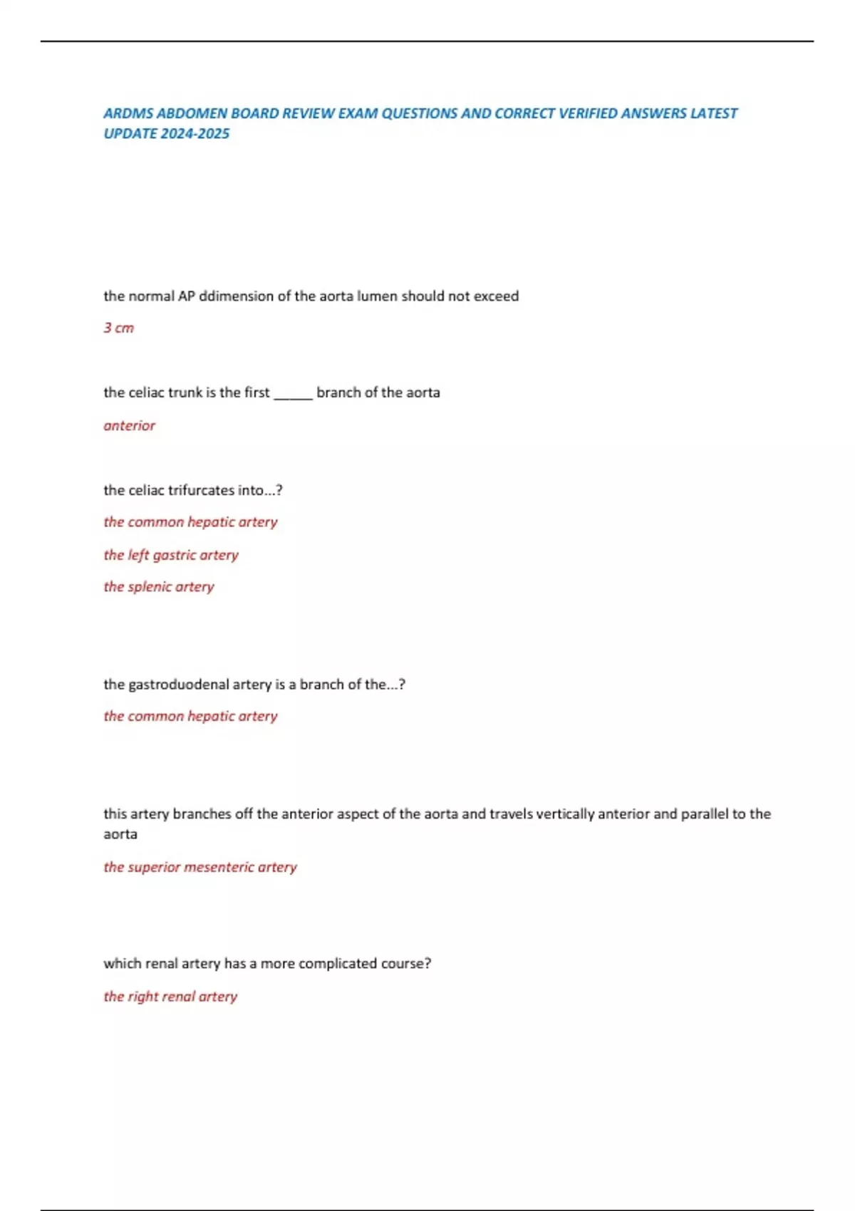 ARDMS ABDOMEN BOARD REVIEW EXAM QUESTIONS AND CORRECT VERIFIED ANSWERS ...