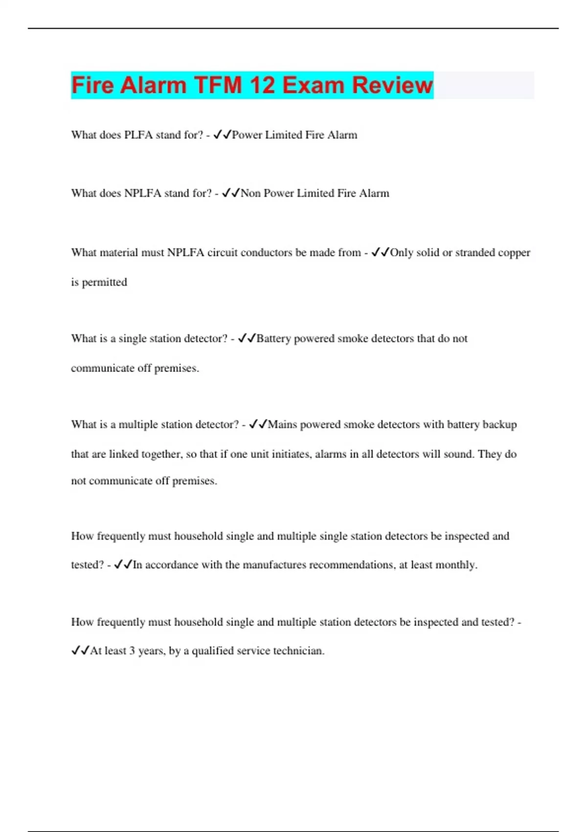Fire Alarm TFM 12 Exam Review - Fire Alarm TFM 12 - Stuvia US