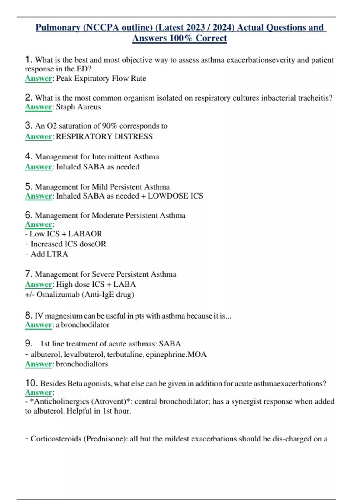 Pulmonary (NCCPA outline) (Latest 2023 / 2024) Actual Questions and ...