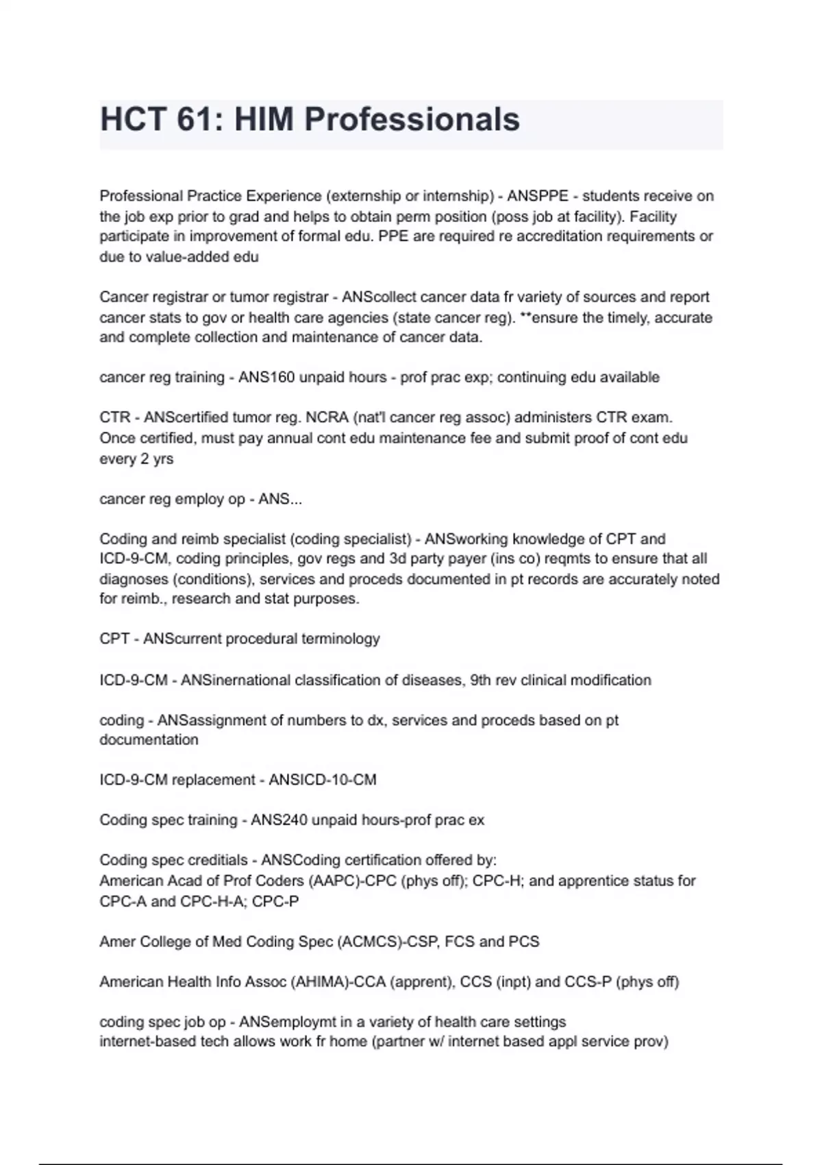 HCT 61: HIM Professionals 2024/2025 A+ score assured - ABQAURP - Stuvia US