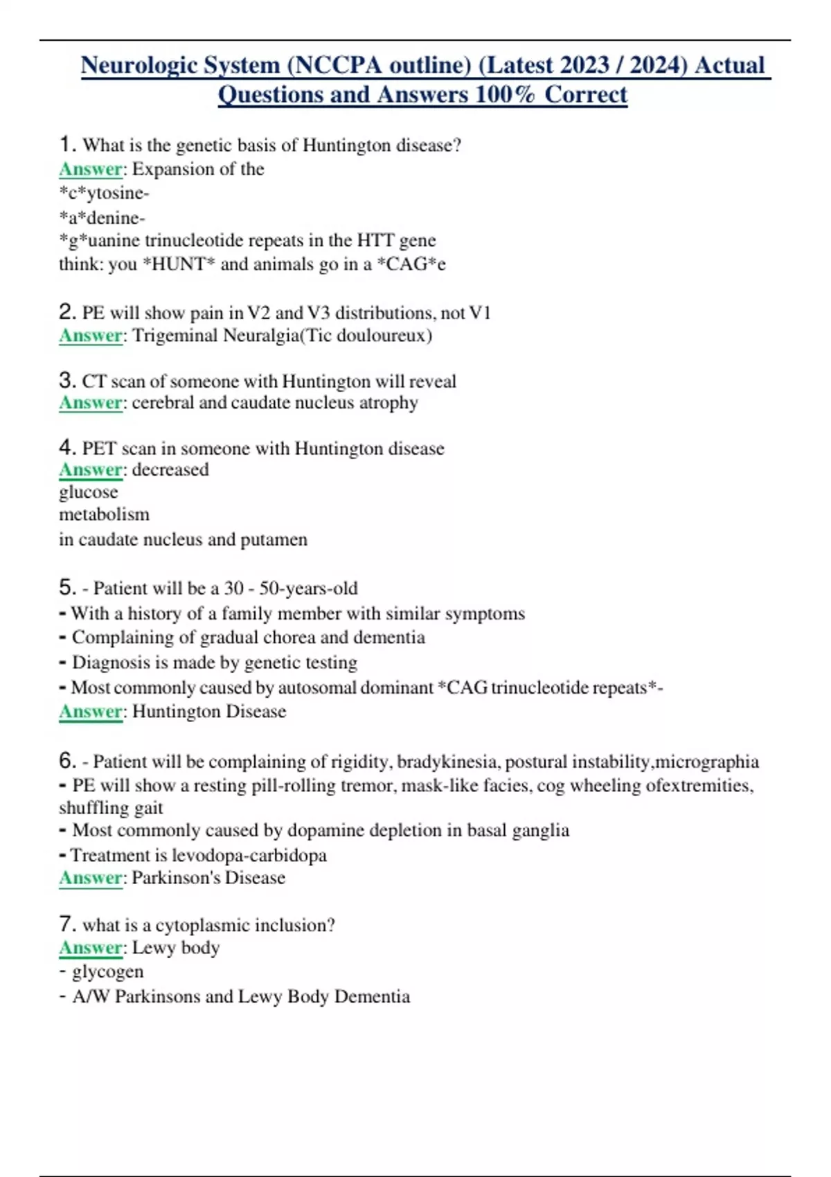 Neurologic System (NCCPA outline) (Latest 2023 / 2024) Actual Questions ...