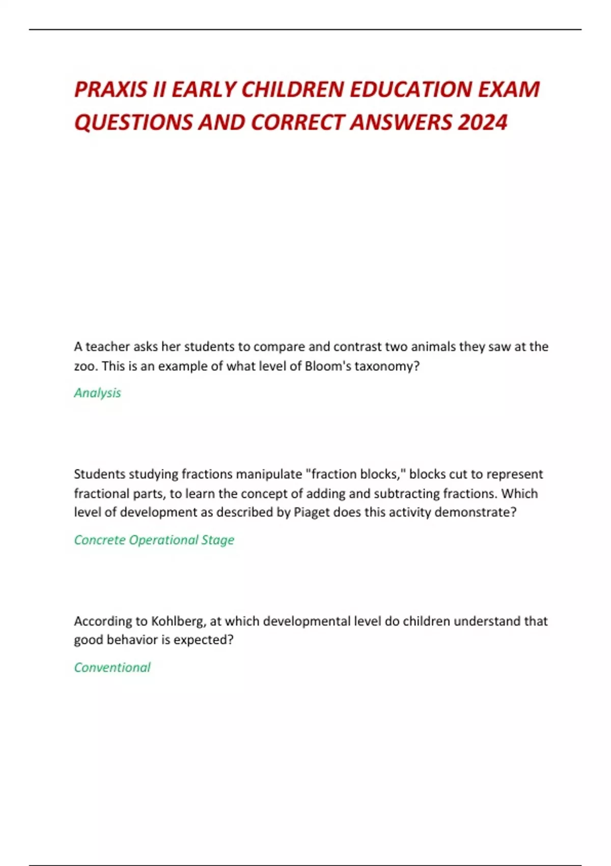 PRAXIS II EARLY CHILDREN EDUCATION EXAM QUESTIONS AND CORRECT ANSWERS ...