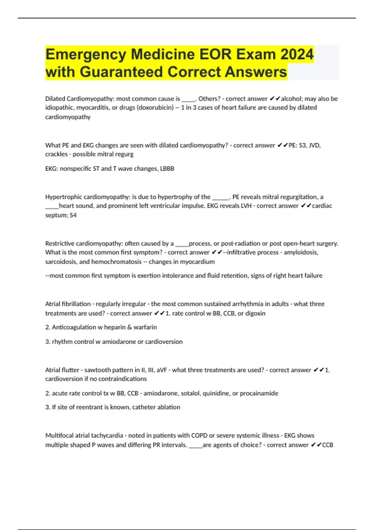 Emergency Medicine EOR Exam 2024 with Guaranteed Correct Answers ...