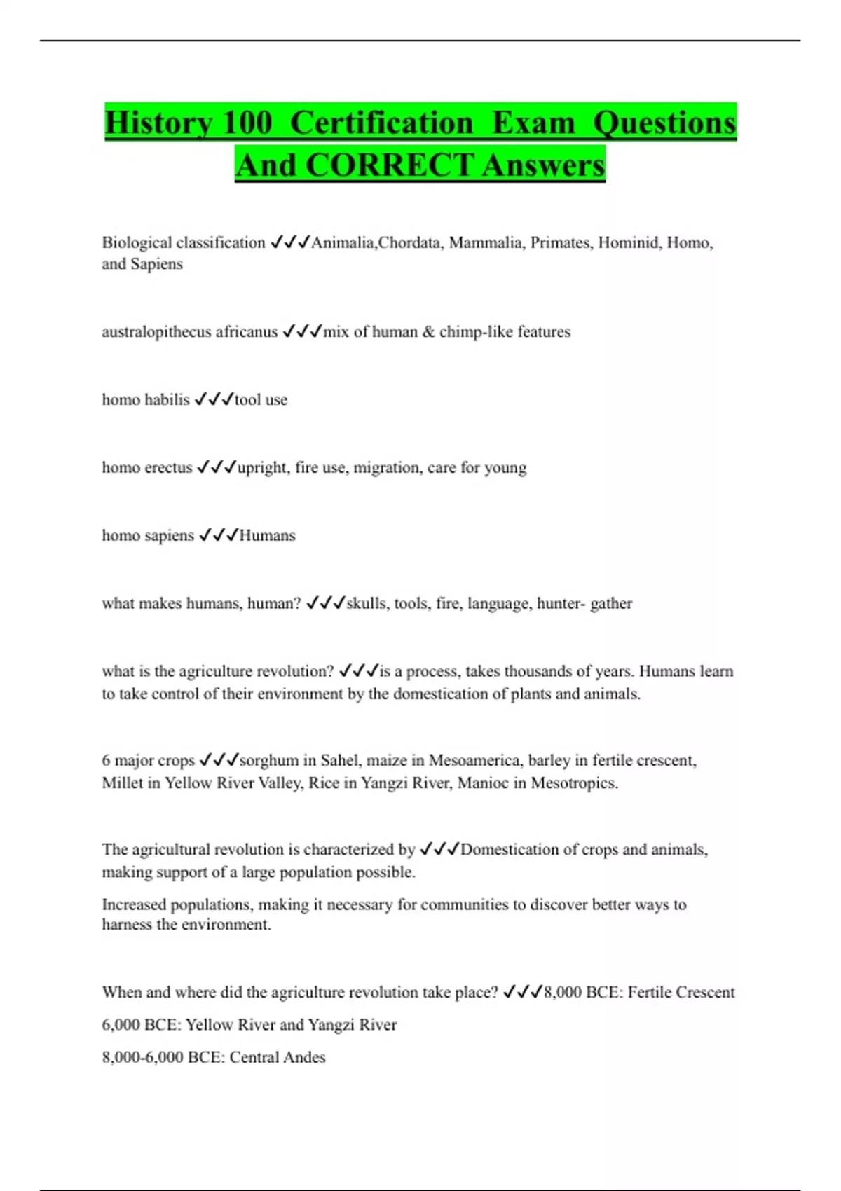 History 100 Certification Exam Questions And CORRECT Answers - History ...