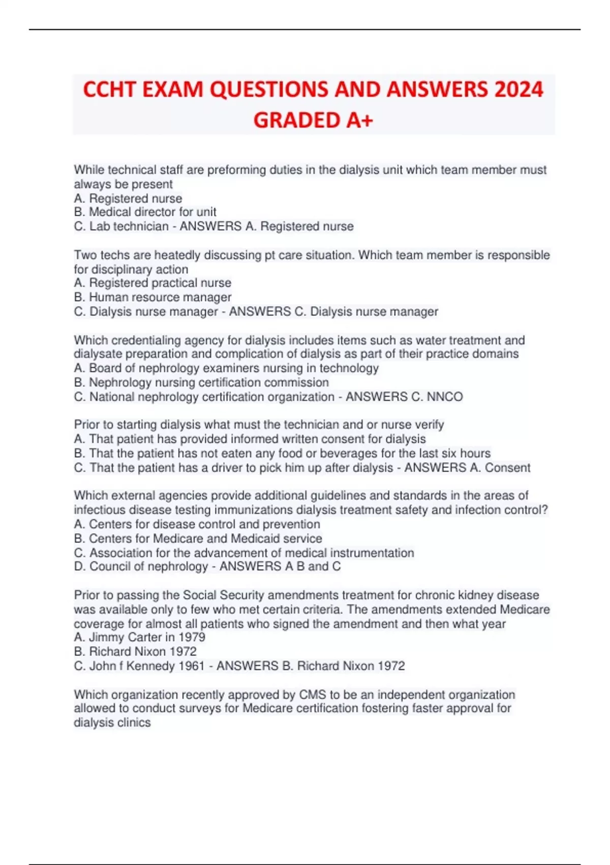 bundle for CCHT review exam 2024 questions and and answers - Stuvia US