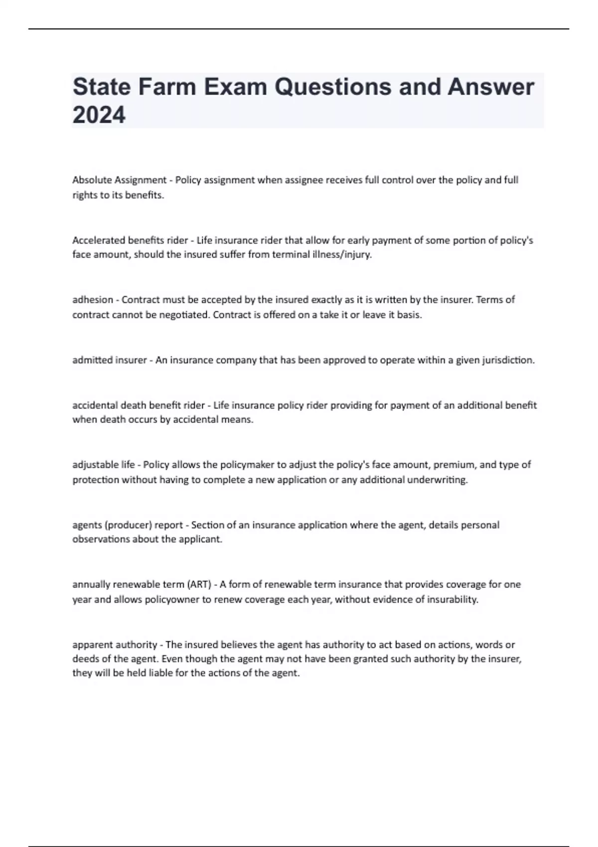 State Farm Exam Questions and Answer 2024 - State Farm - Stuvia US