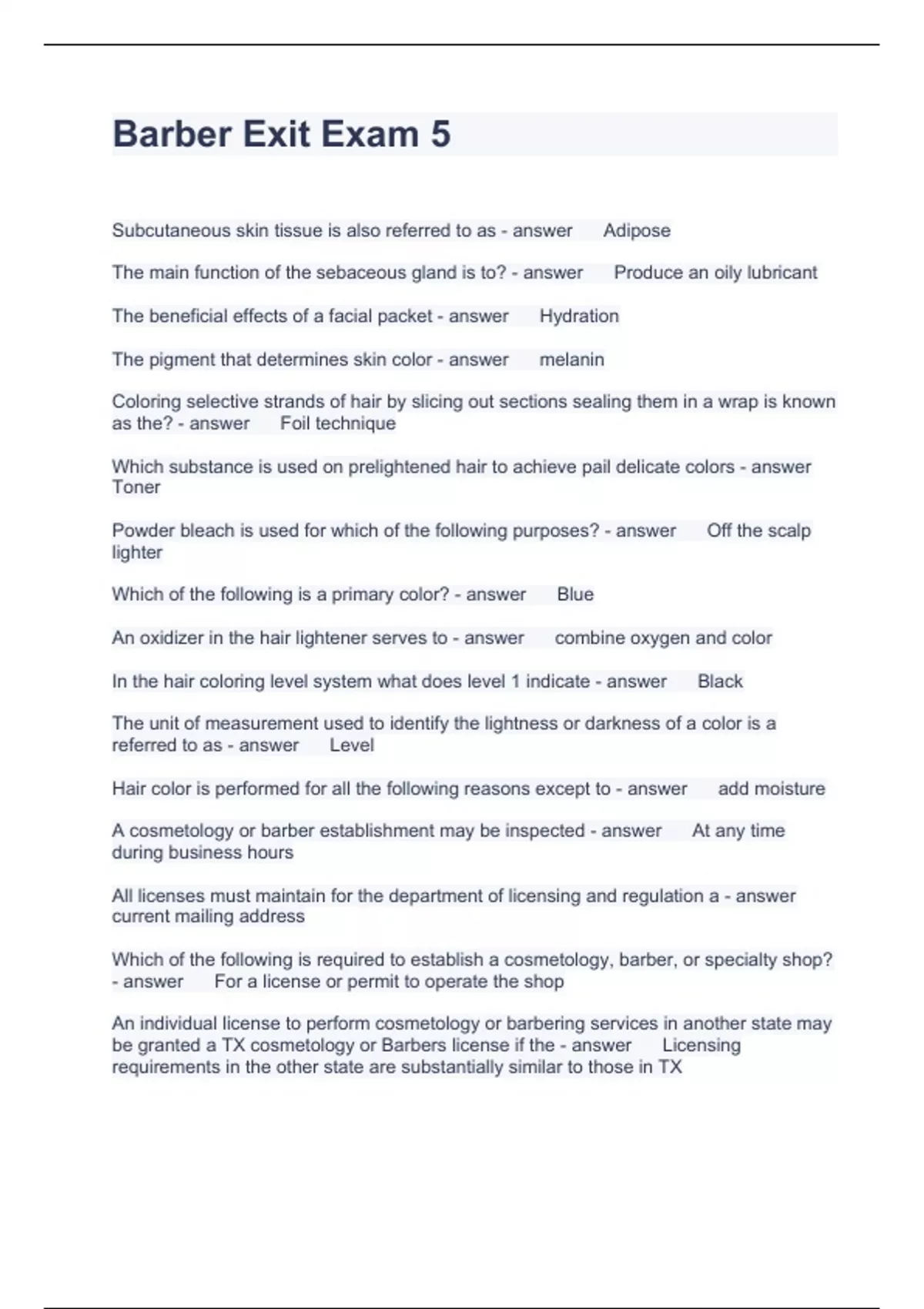 Barber Exit Exam 5, Questions with solutions - Barber School - Stuvia US