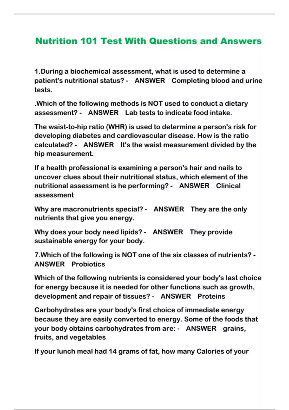 Nutrition 101 Test With Questions and Answers - Nutrition 101 - Stuvia US