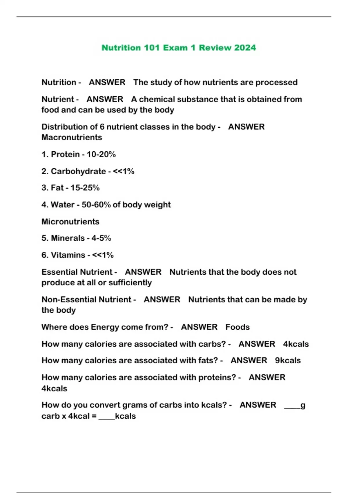 Nutrition 101 Exam 1 Review 2024 - Nutrition 101 - Stuvia US