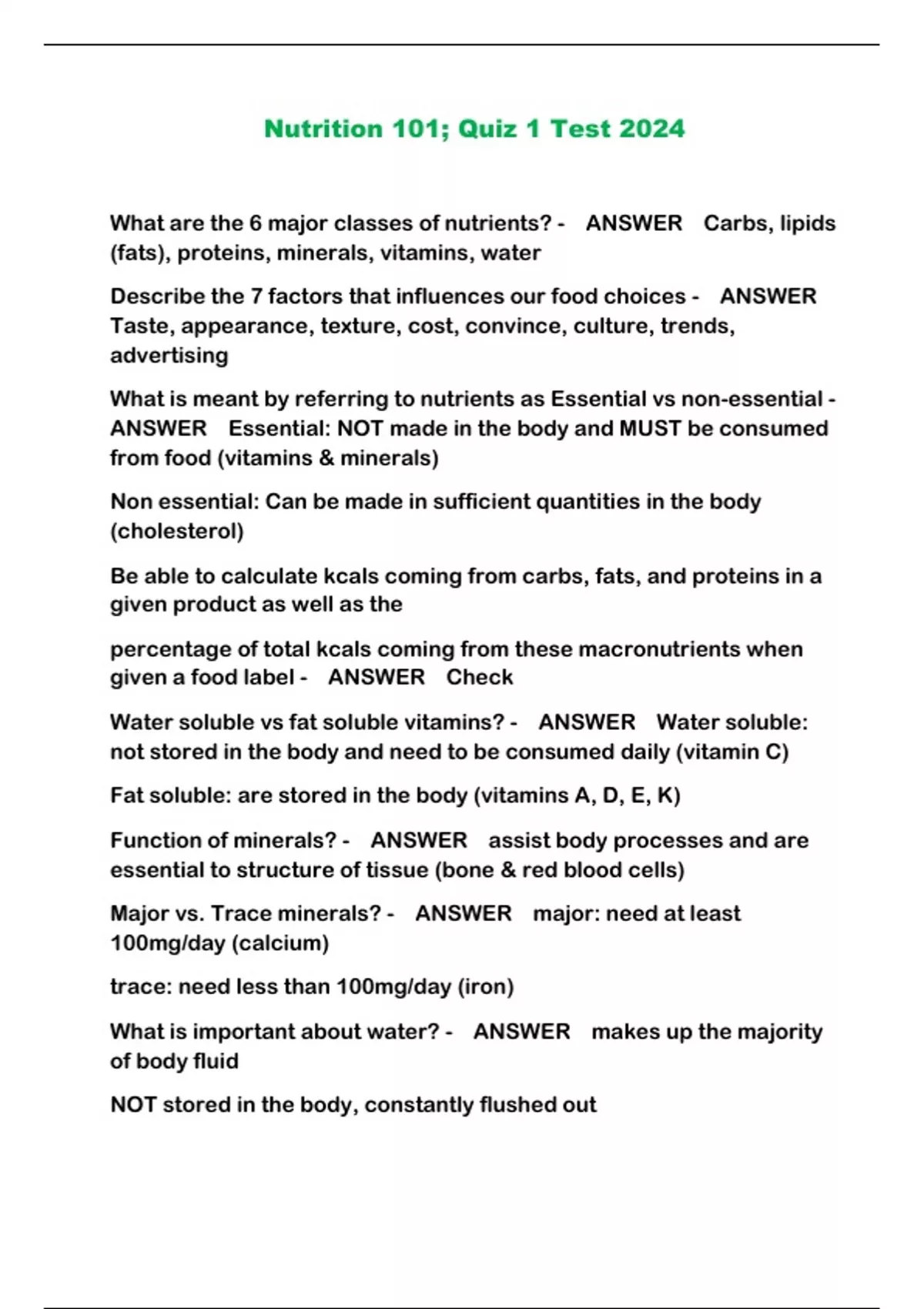 Nutrition 101; Quiz 1 Test 2024 - Nutrition 101 - Stuvia US