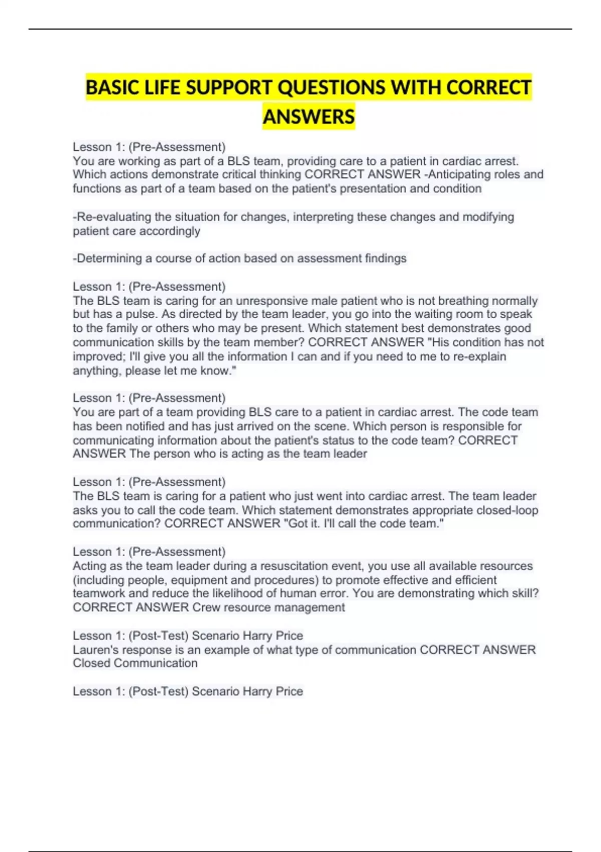 BASIC LIFE SUPPORT QUESTIONS WITH CORRECT ANSWERS|100% verified - BASIC ...