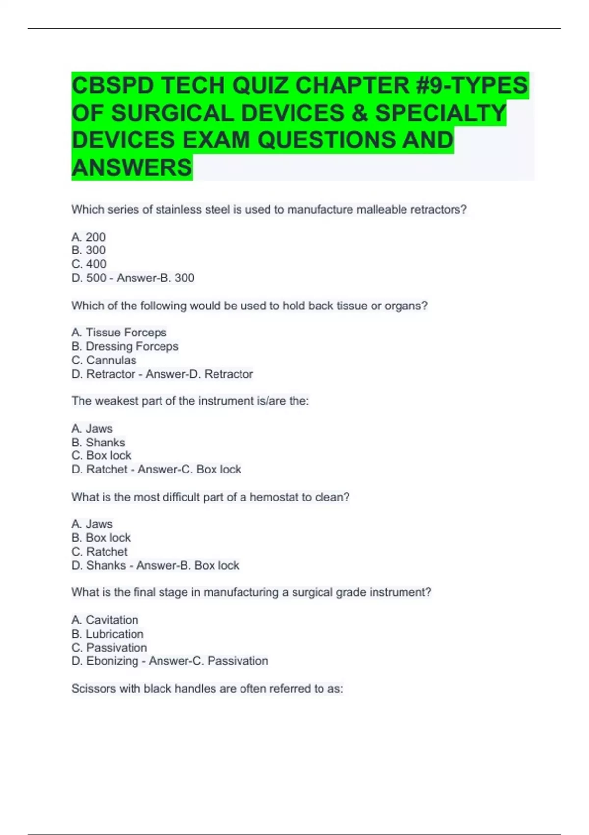 CBSPD TECH QUIZ CHAPTER #9-TYPES OF SURGICAL DEVICES & SPECIALTY ...