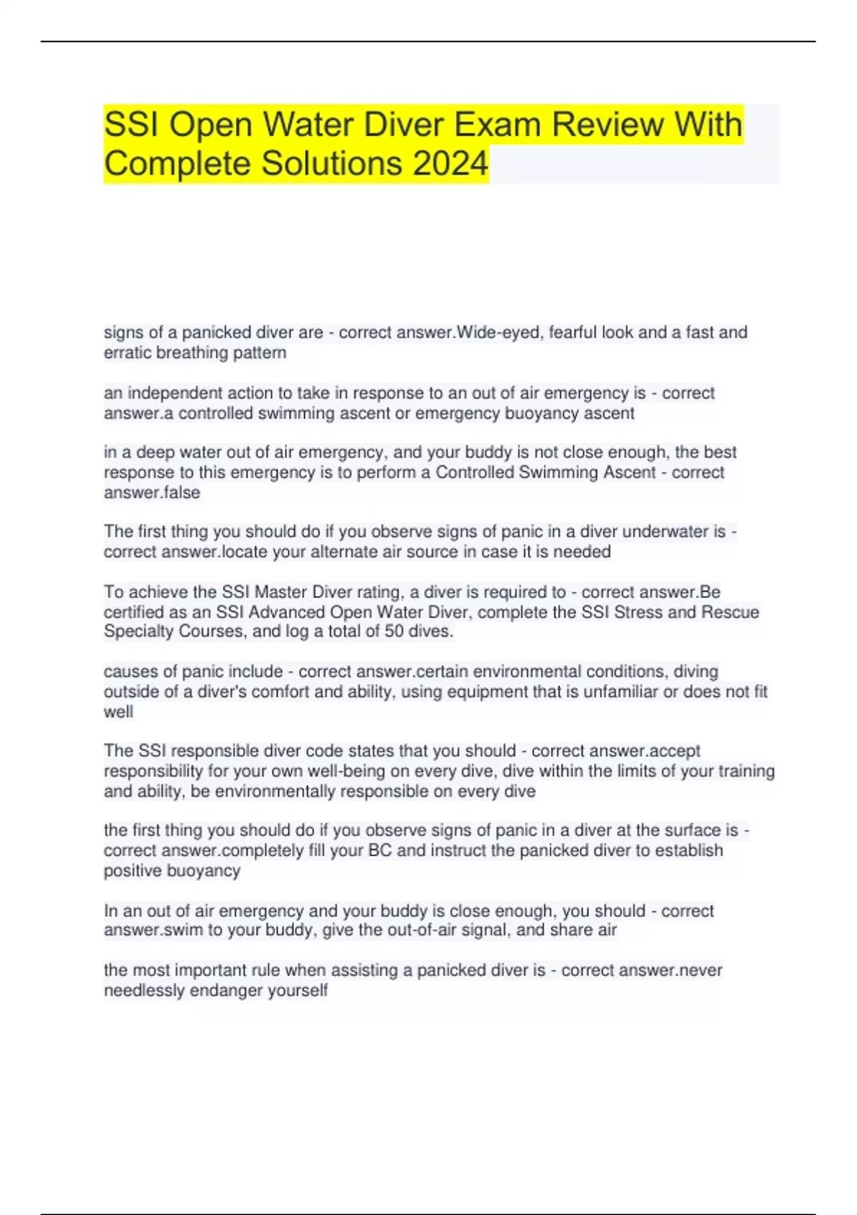 SSI Open Water Diver Exam Review With Complete Solutions 2024 - SSI ...