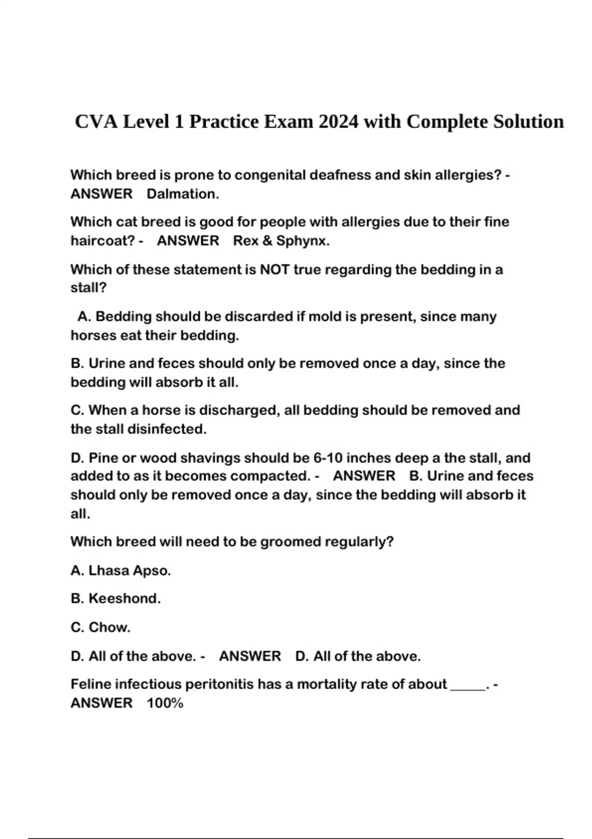 CVA Level 1 Practice Exam 2024 with Complete Solution. - CVA Level 1 ...