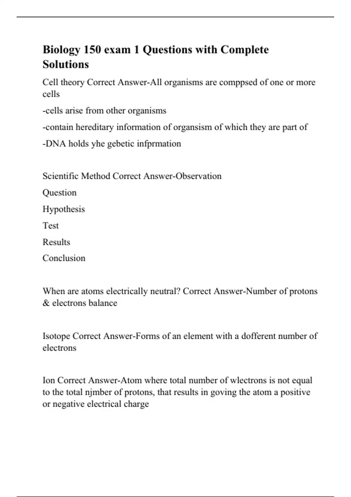 Biology 150 exam 1 Questions with Complete Solutions - Biology 150 ...