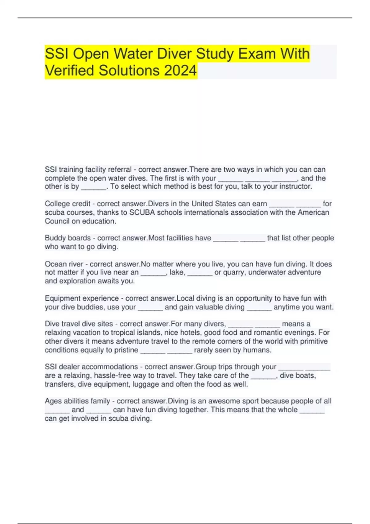 SSI Open Water Diver Study Exam With Verified Solutions 2024 - SSI Open ...