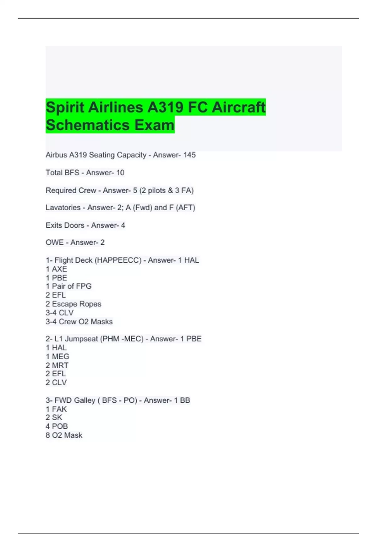 Spirit Airlines A319 FC Aircraft Schematics Exam Questions and Answers ...