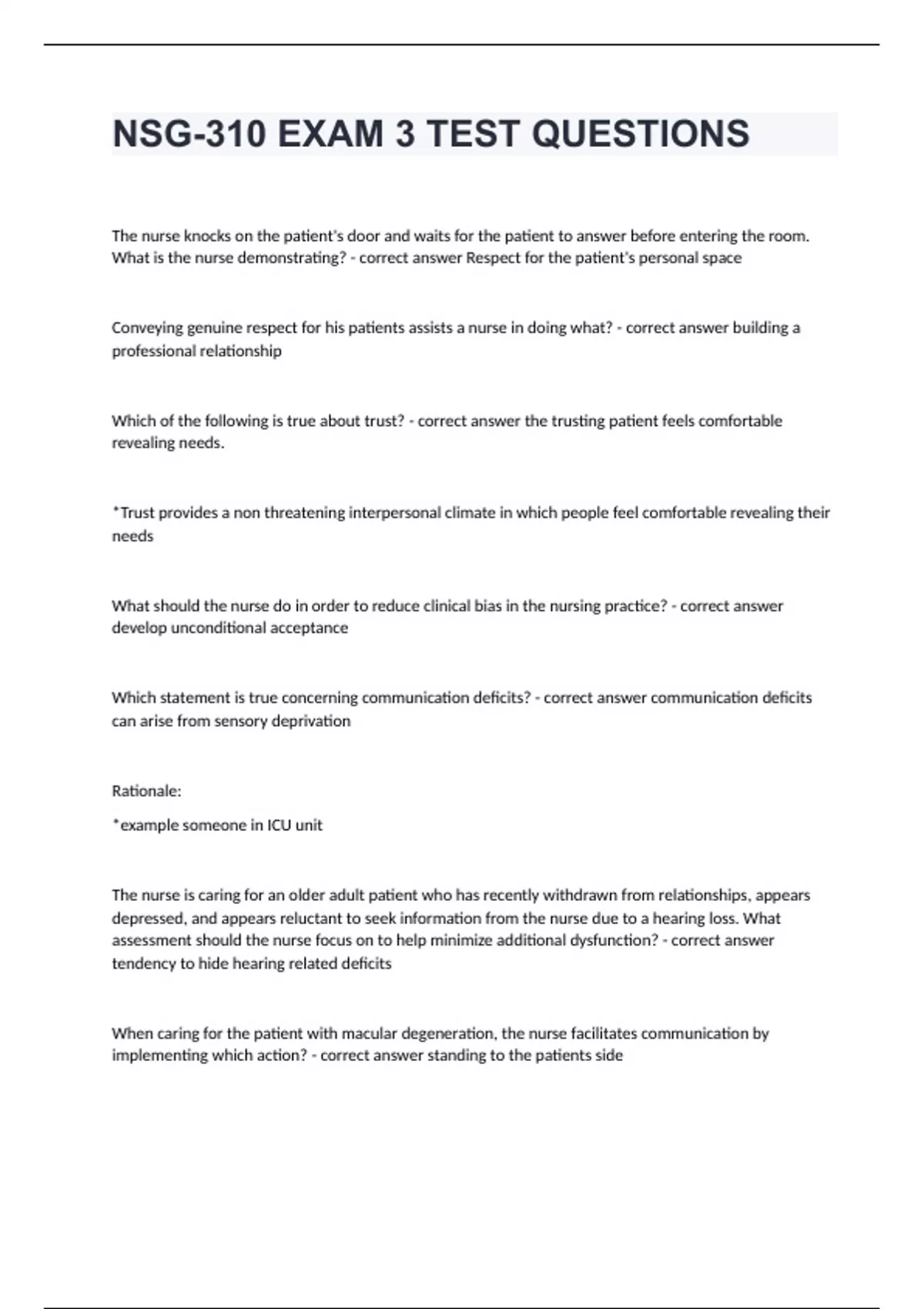 NSG-310 EXAM 3 TEST QUESTIONS well answered 2024 - Nsg 310 - Stuvia US