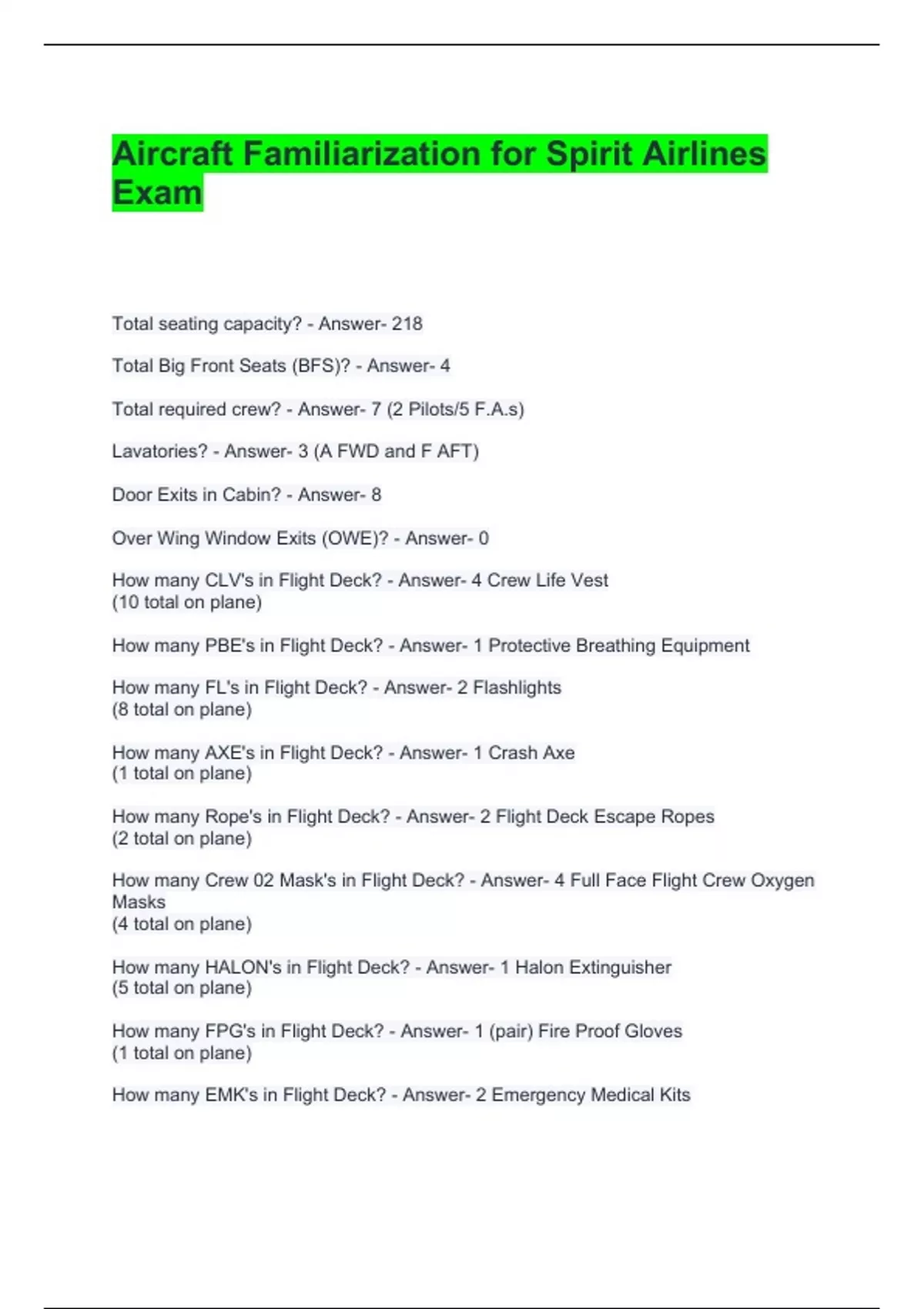 Aircraft Familiarization for Spirit Airlines Exam with correct Answers ...