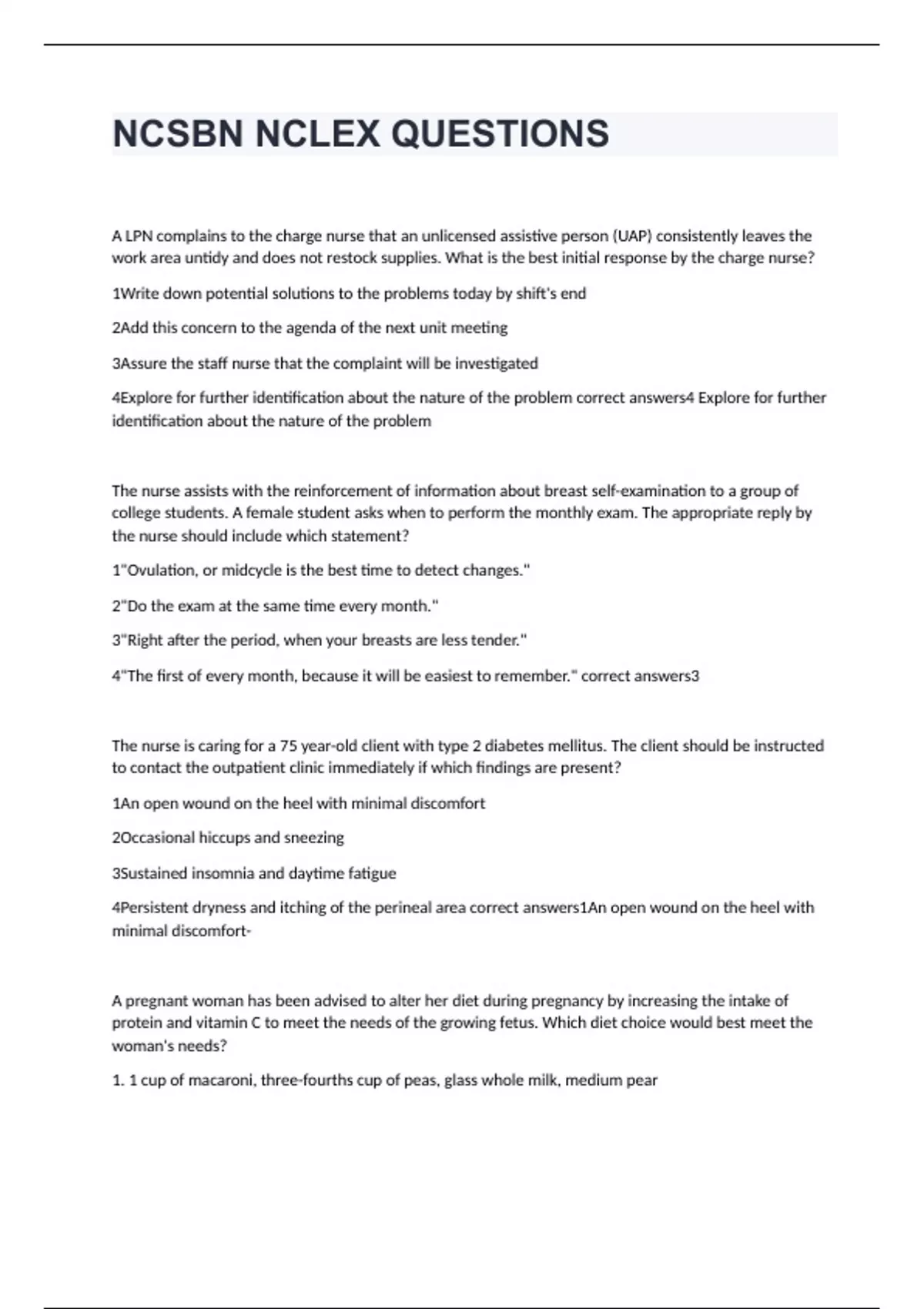 NCSBN NCLEX QUESTIONS & ANSWERS 100% CORRECT 2024 - NCSBN NCLEX QUE - Stuvia US