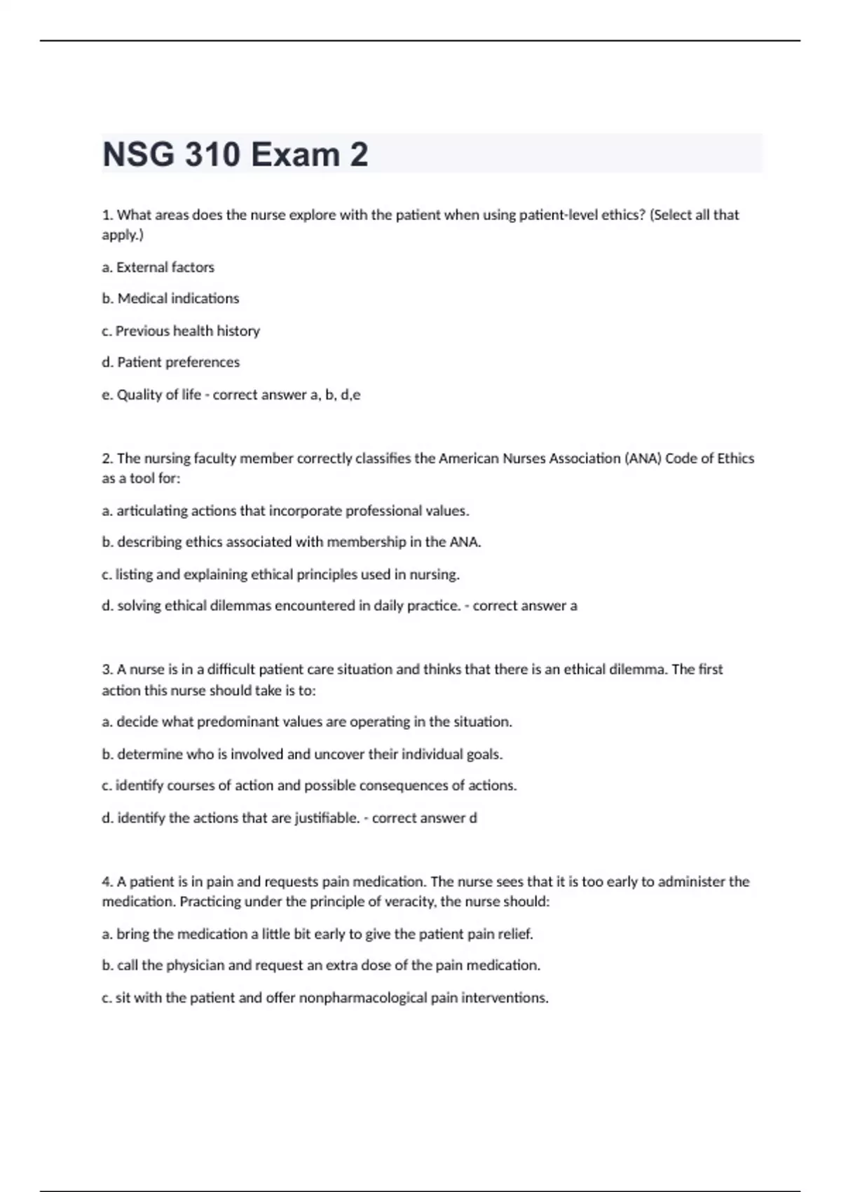 NSG 310 Exam 2 questions with answers - Nsg 310 - Stuvia US