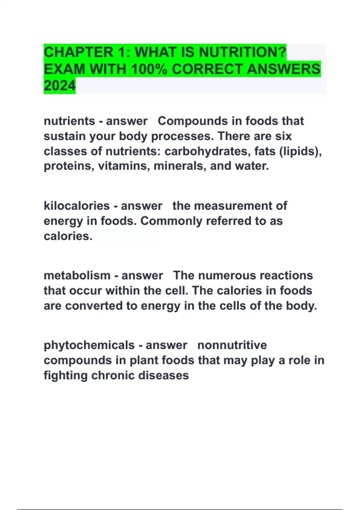 CHAPTER 1 WHAT IS NUTRITION EXAM WITH 100% CORRECT ANSWERS 2024 ...