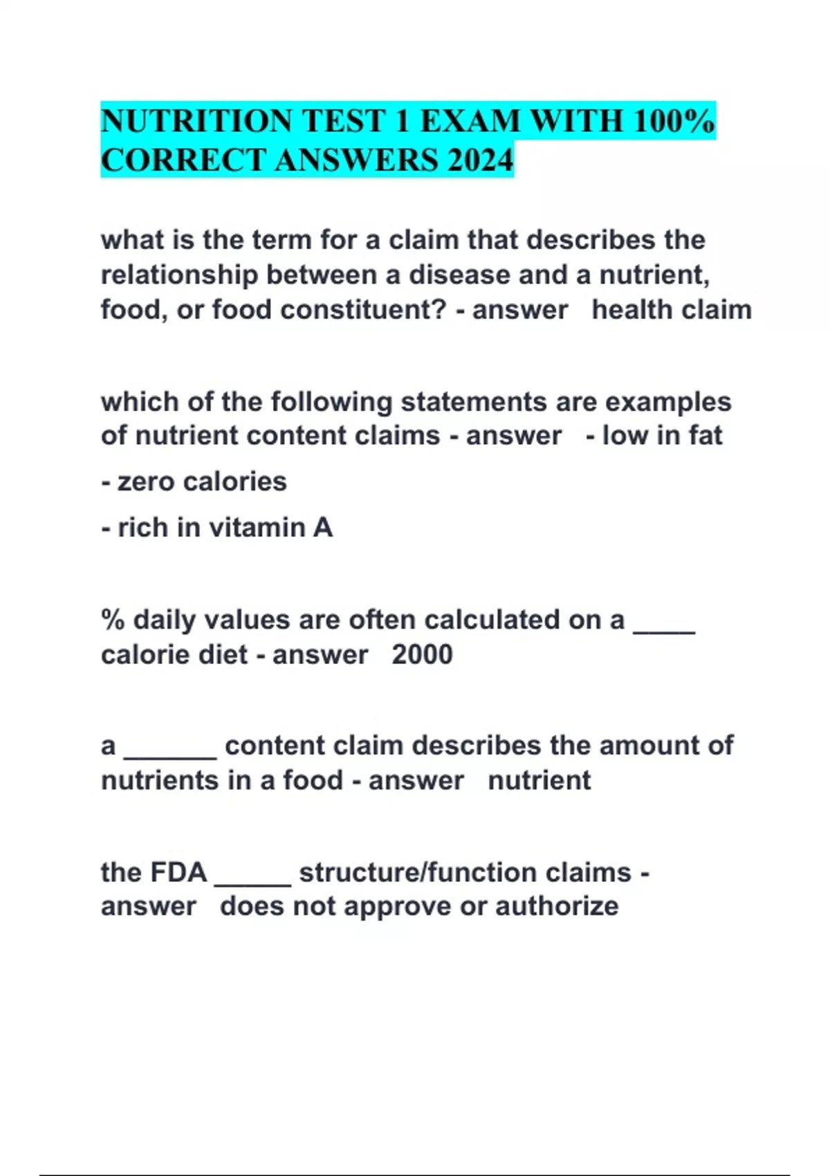NUTRITION TEST 1 EXAM WITH 100% CORRECT ANSWERS 2024 - GENERAL ...