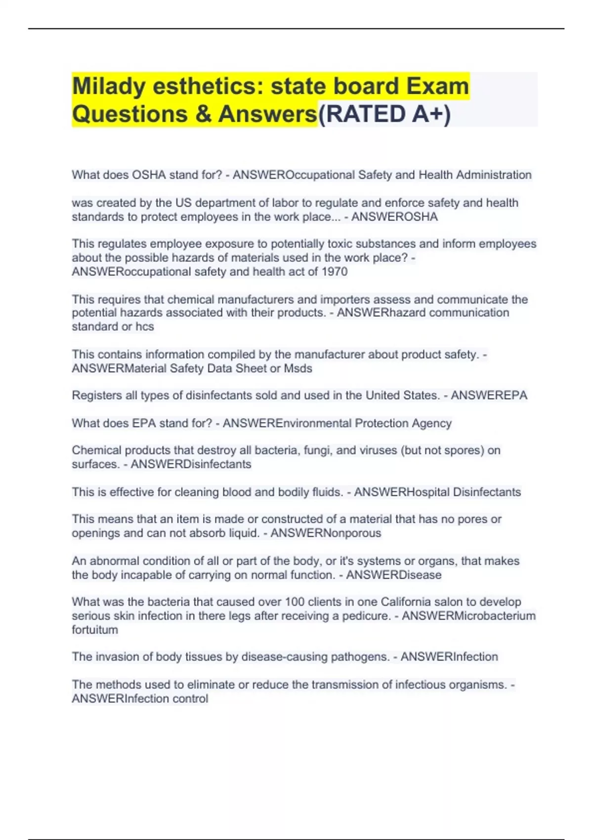 Milady esthetics: state board Exam Questions & Answers(RATED A+ ...