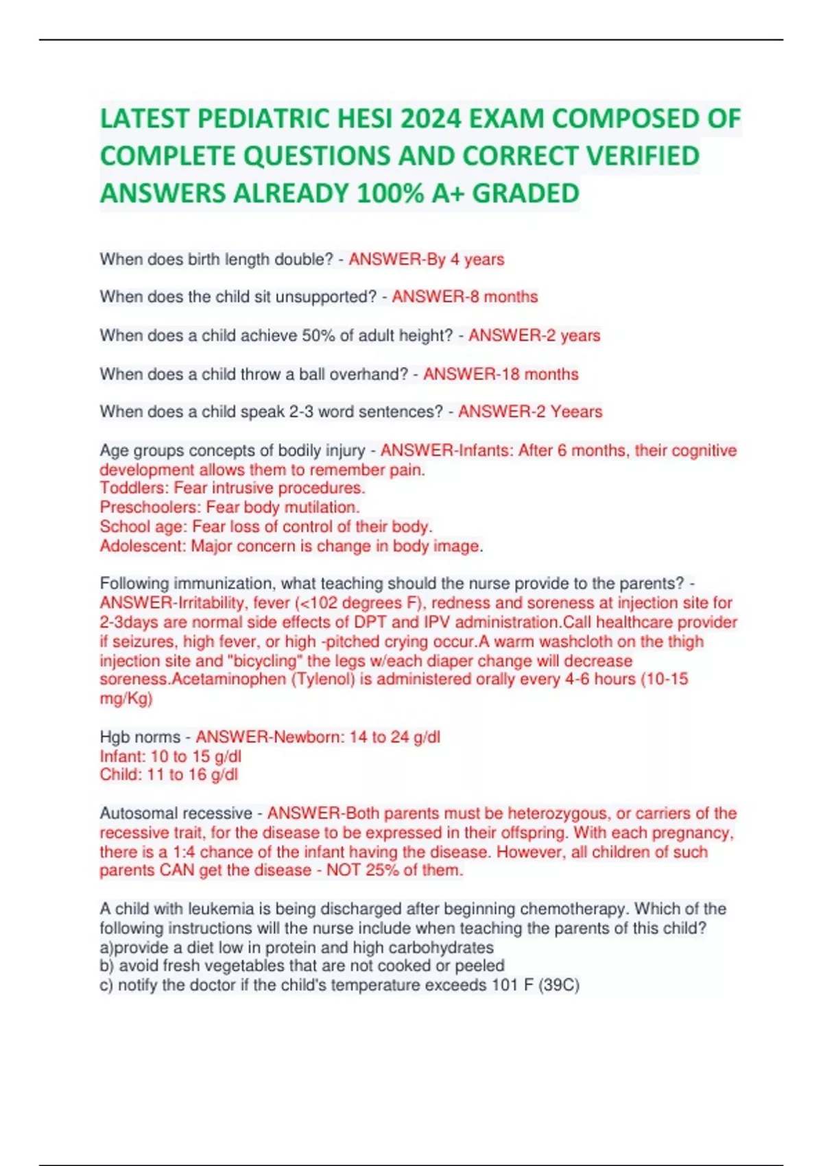 LATEST PEDIATRIC HESI 2024 EXAM COMPOSED OF COMPLETE QUESTIONS AND ...