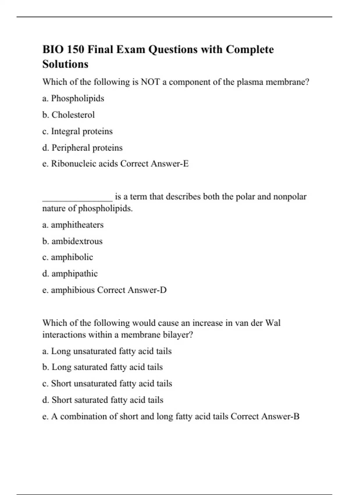 BIO 150 Final Exam Questions with Complete Solutions - BIO 150 - Stuvia US