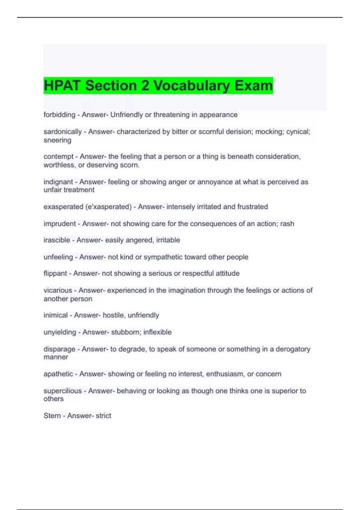 HPAT Section 2 Vocabulary Exam with correct Answers 2024 - AC-HPAT ...