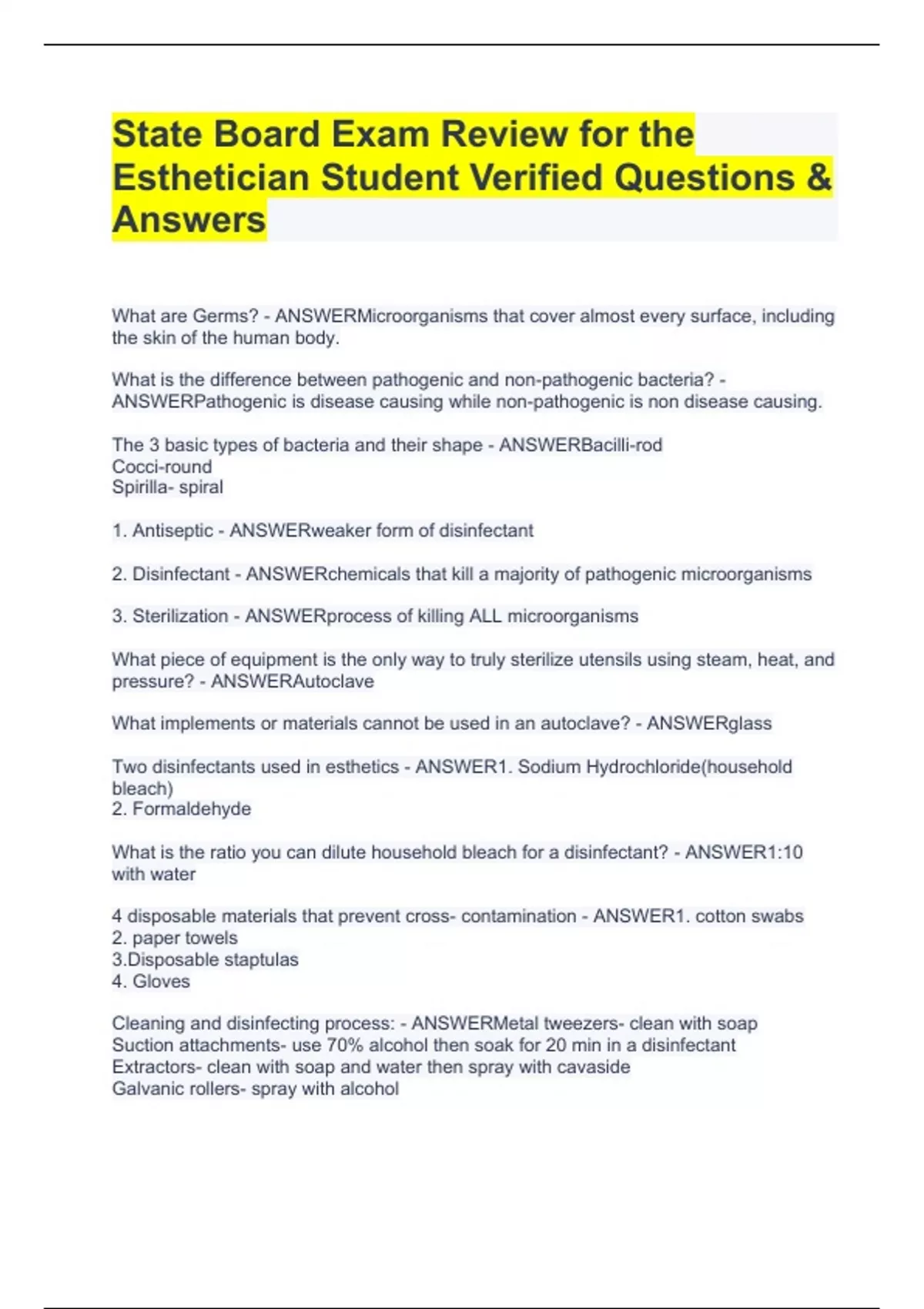 State Board Exam Review for the Esthetician Student Verified Questions ...