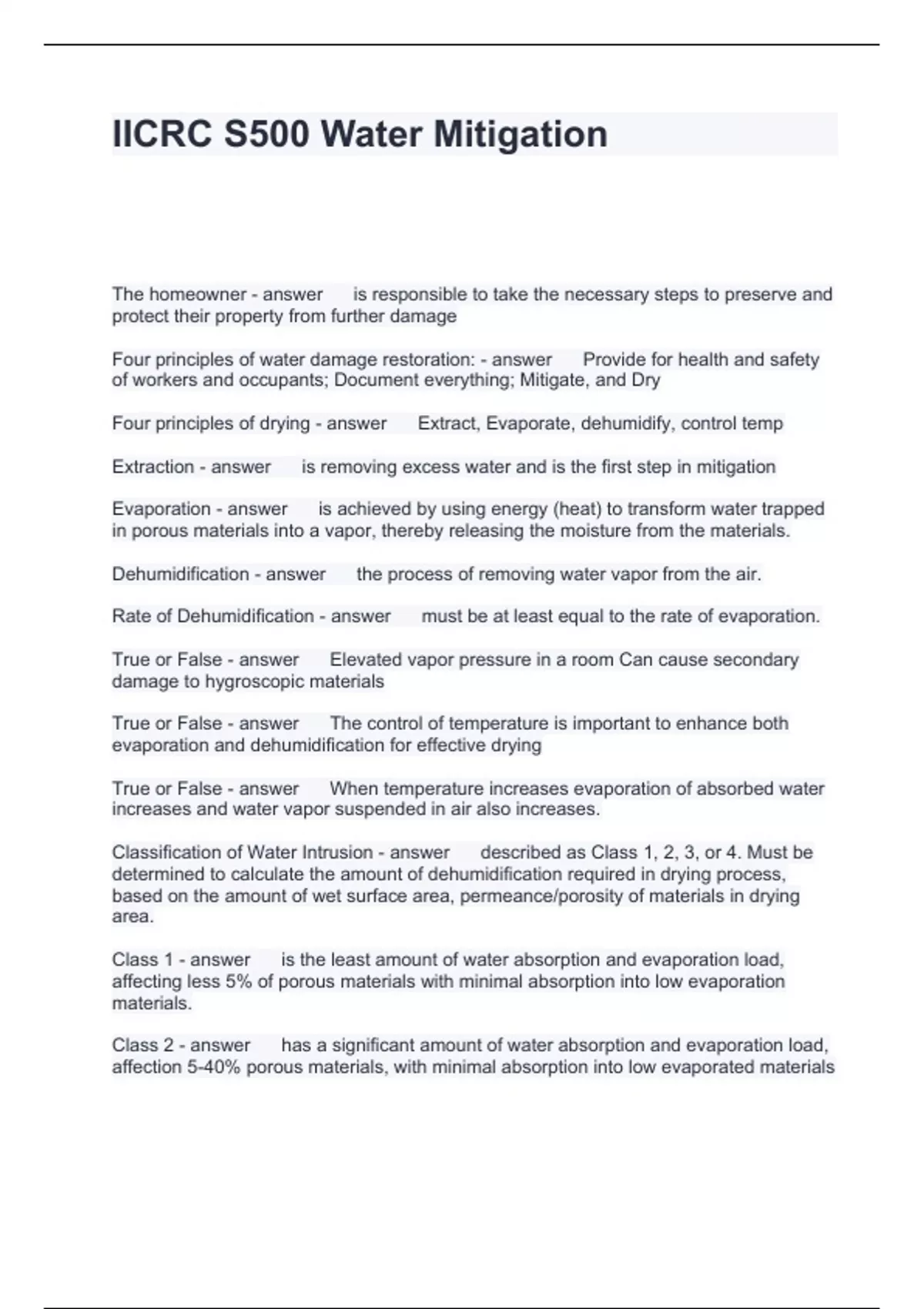 IICRC S500 Water Mitigation Questions and Answers Graded A+ - IICRC ...