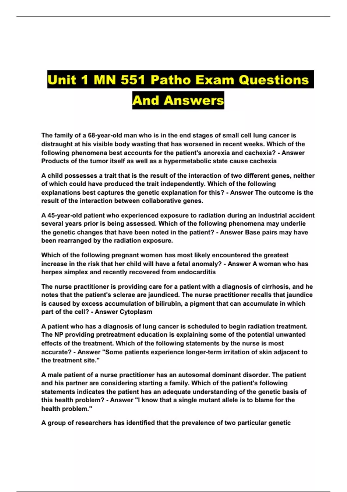 Unit 1 MN 551 Patho Exam Questions And Answers - Unit 1 MN 551 Patho ...