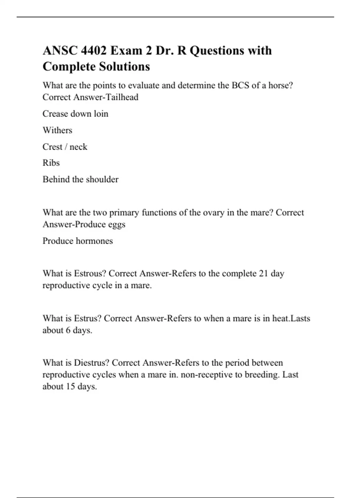ANSC 4402 Exam 2 Dr. R Questions with Complete Solutions - AVS 4402 ...
