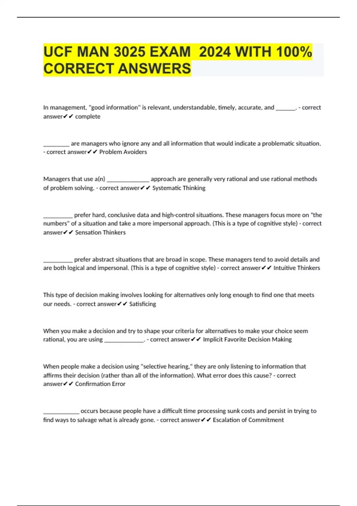 UCF MAN 3025 EXAM 2024 WITH 100% CORRECT ANSWERS - UCF MAN 3025 - Stuvia US