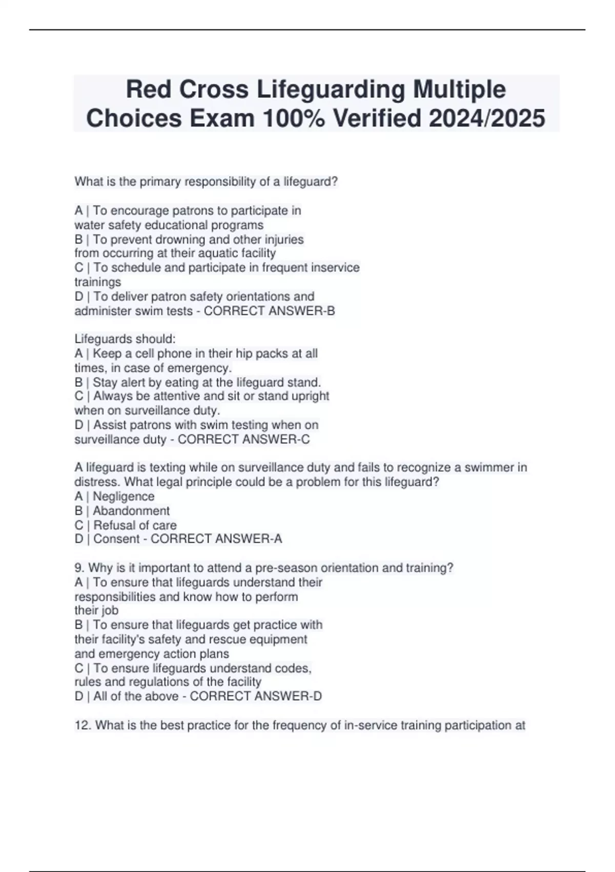 Red Cross Lifeguarding Multiple Choices Exam 100% Verified 2024/2025 ...