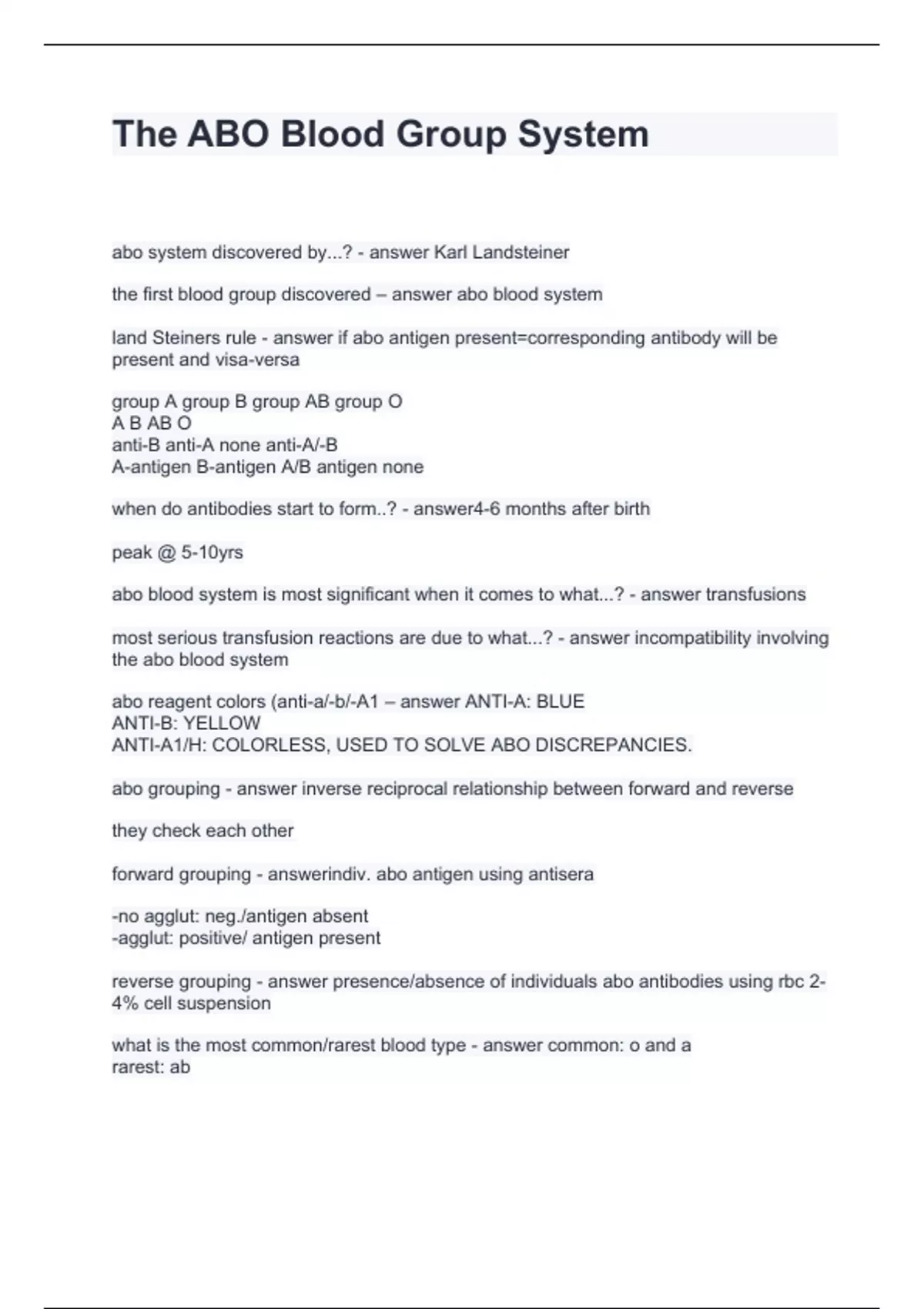 The ABO Blood Group System Questions and Answers 2024 - ABO - Stuvia US