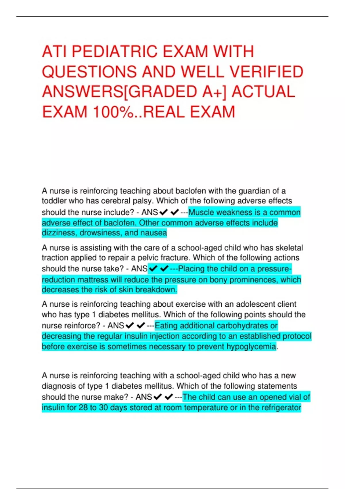 ATI PEDIATRIC EXAM WITH QUESTIONS AND WELL VERIFIED ANSWERS[GRADED A+ ...