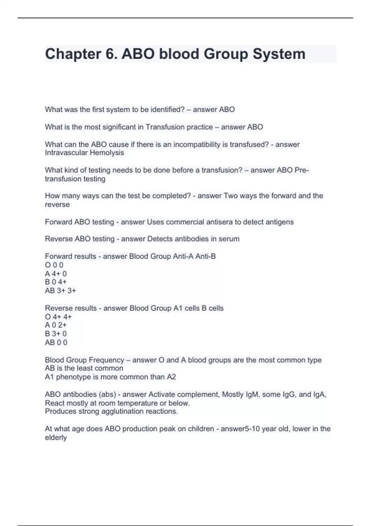 Chapter 6. ABO blood Group System Questions with correct Answers 2024 ...